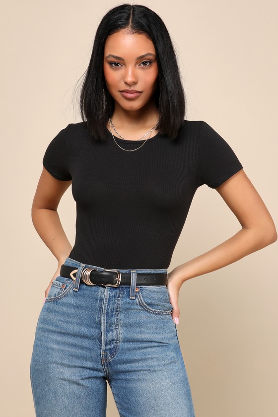 Cute Black Bodysuit Short Sleeve Bodysuit Ribbed Bodysuit Lulus
