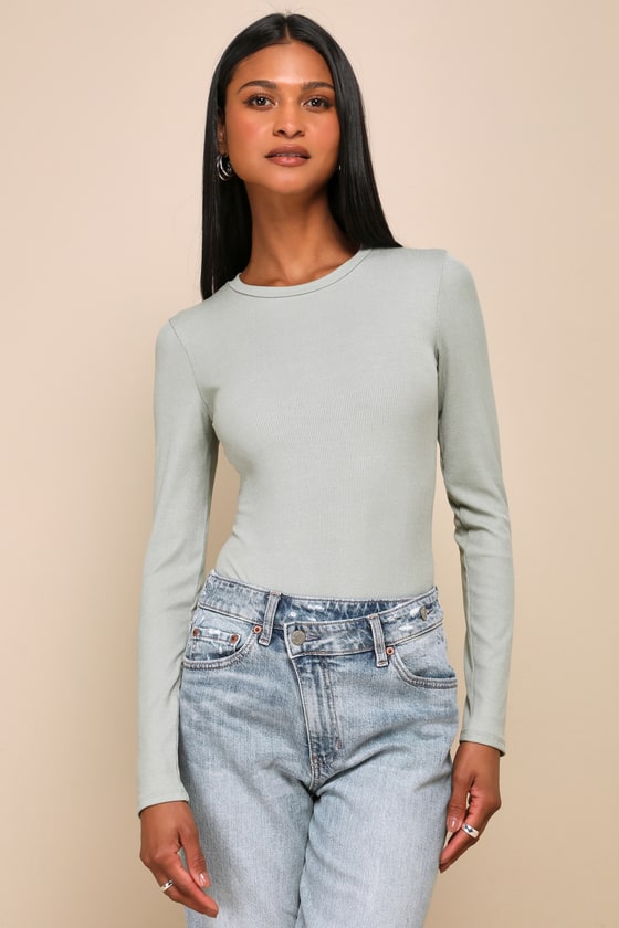 Sage Green Bodysuit Ribbed Knit Bodysuit Crew Neck Bodysuit Lulus