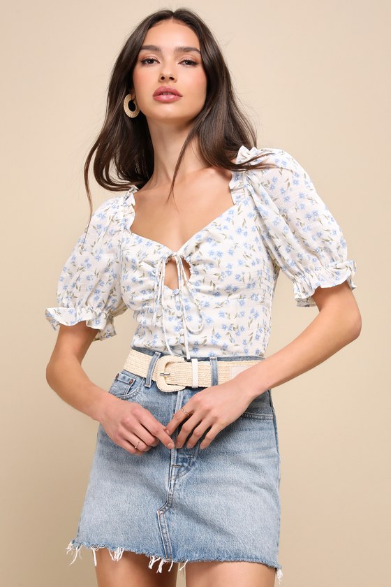 Ivory Floral Top - Puff Sleeve Blouse - Drawstring Cutout Top - Lulus