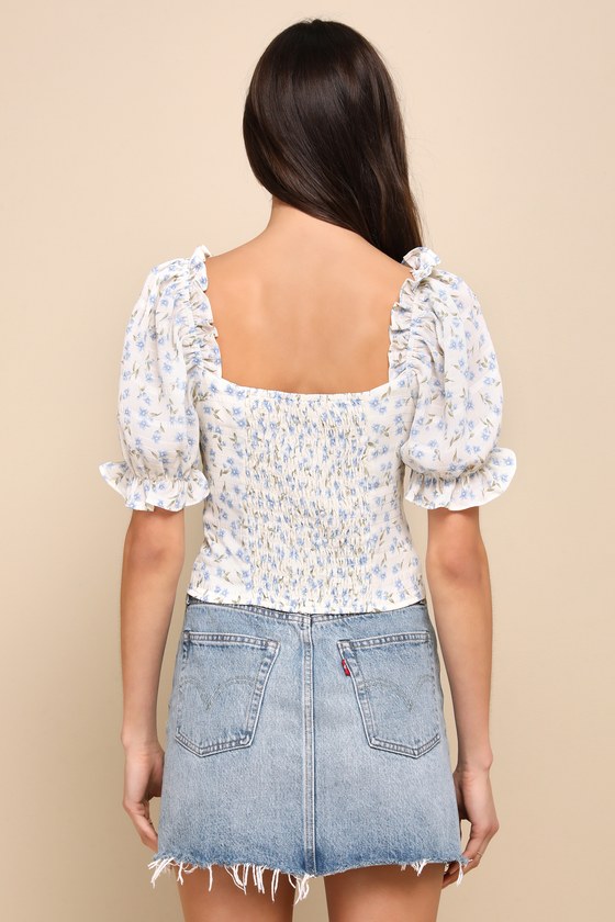 Ivory Floral Top - Puff Sleeve Blouse - Drawstring Cutout Top - Lulus