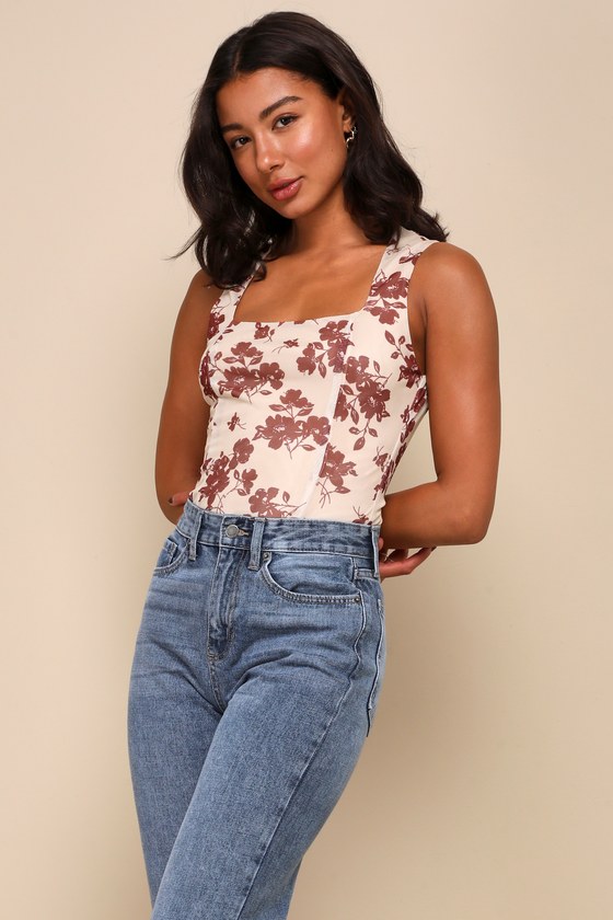 Beige Floral Bodysuit - Mesh Bodysuit - Sleeveless Bodysuit - Lulus