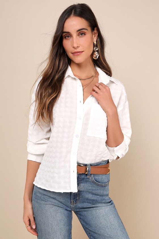 Ivory Textured Top - Collared Button-Up Top - Long Sleeve Top - Lulus