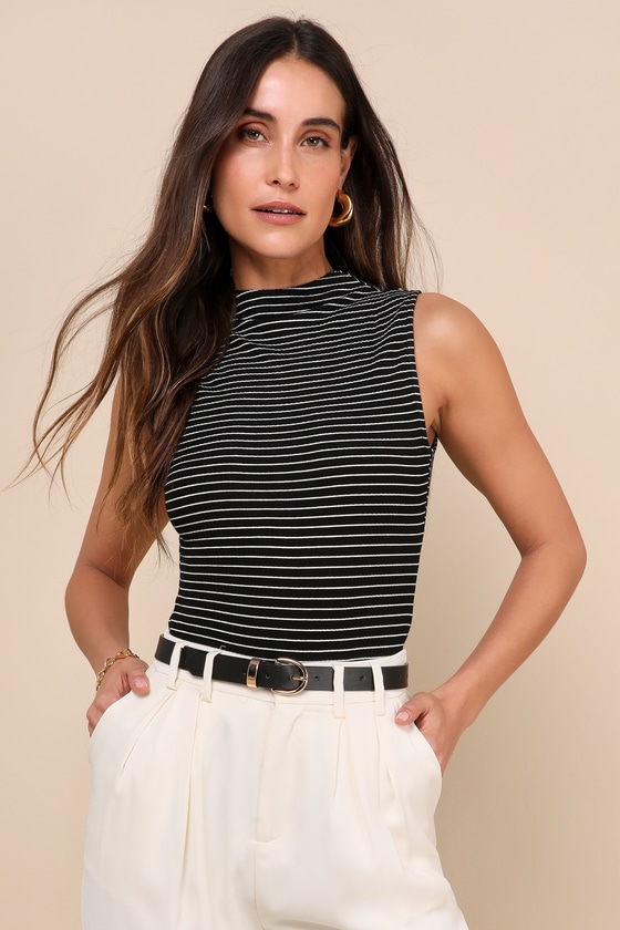 Black Striped Bodysuit - Funnel Neck Bodysuit - Ribbed Bodysuit - Lulus