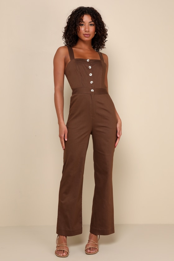 Brown Twill Jumpsuit - Button-Up Jumpsuit - Straight Leg Jumpsuit - Lulus