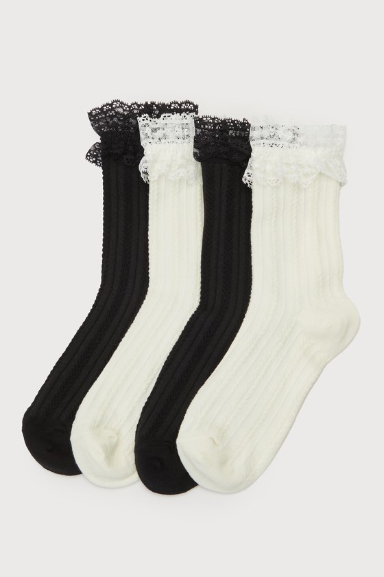 Black and White Cable Socks - Lace Sock Set - 2-Pc Crew Sock Set - Lulus