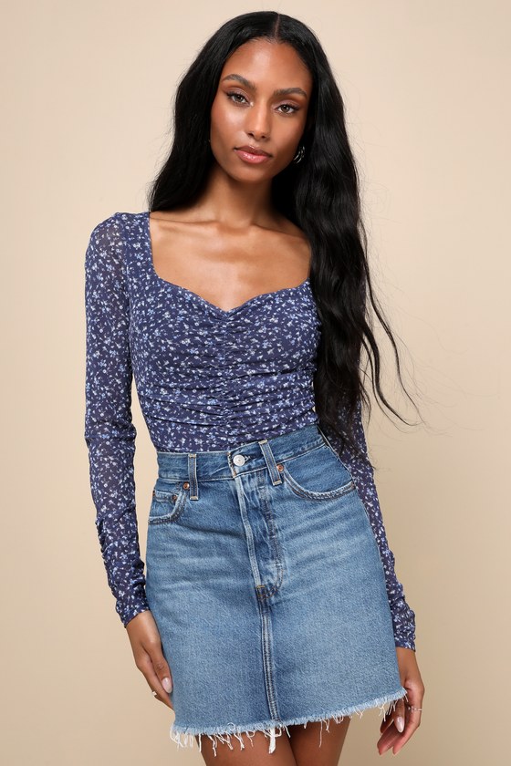 Blue Floral Print Bodysuit - Mesh Ruched Bodysuit - Ruched Top - Lulus