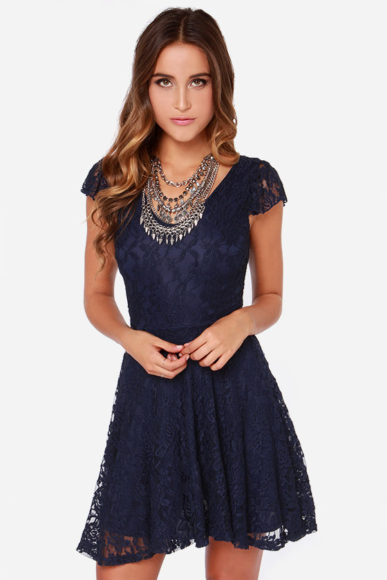 Navy Blue Dress Lace Dress Skater Dress 44 00 Lulus