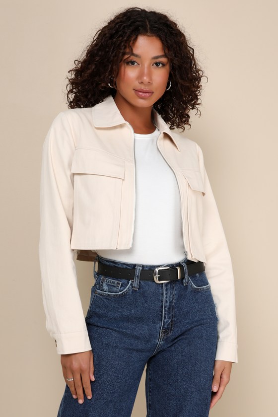 Beige Twill Jacket - Cropped Utility Jacket - Collared Jacket - Lulus