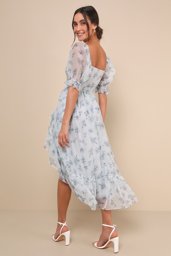 Light Blue Floral Dress - Ruffled Midi Dress - Puff Sleeve Dress - Lulus
