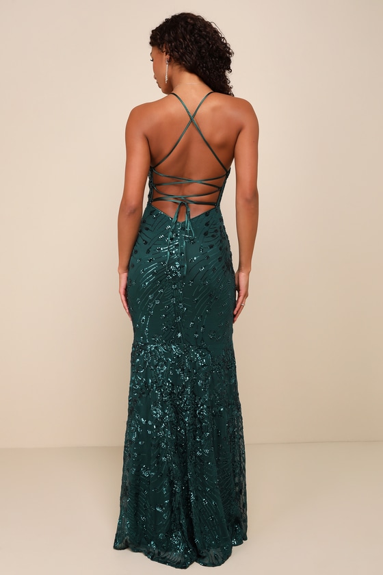 Glam Forest Green Dress Sequin Maxi Dress Lace Up Maxi Dress Lulus