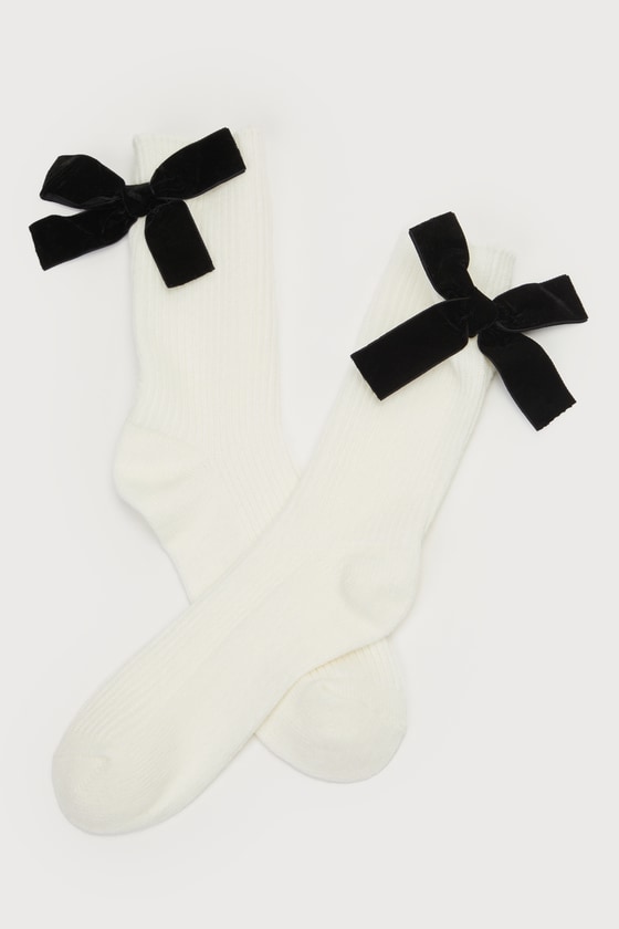 Ivory Velvet Bow Socks - Bow Crew Socks - Bow Socks - Socks - Lulus