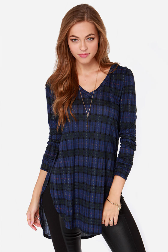 Cute Blue Top Plaid Top Tunic Top Long Sleeve Top 49 00 Lulus