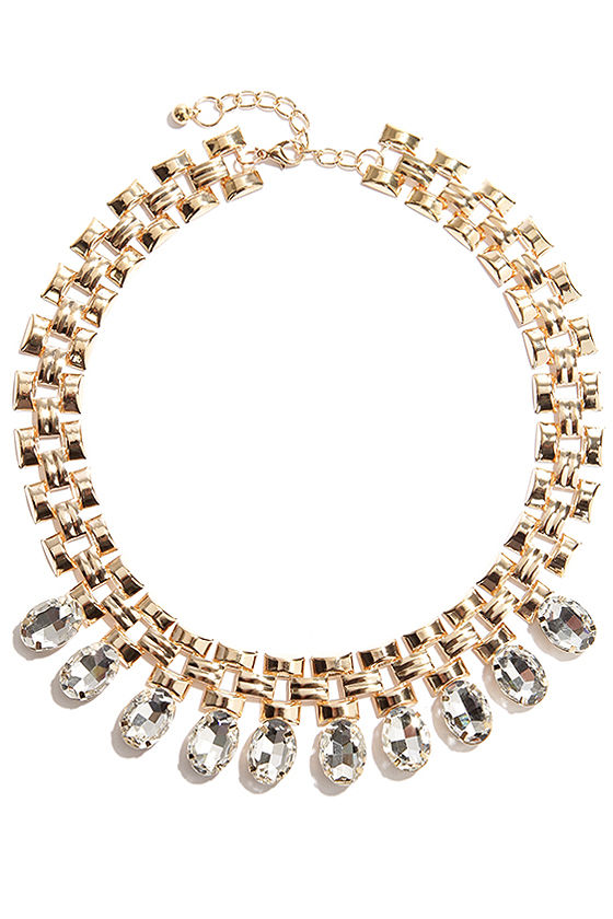 Pretty Gold Necklace - Rhinestone Necklace - Statement Necklace - $16.00