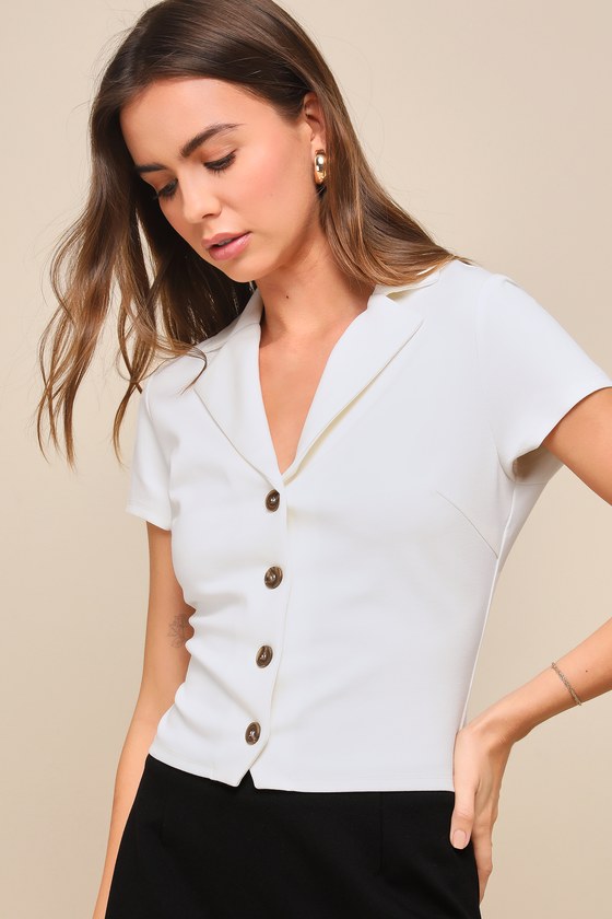 Ivory Short Sleeve Top - Collared Button-Up - Button-Up Top - Lulus