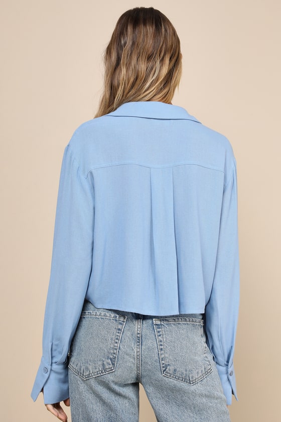 Blue Collared Top - Cropped Button-Up Top - Cropped Button-Down - Lulus