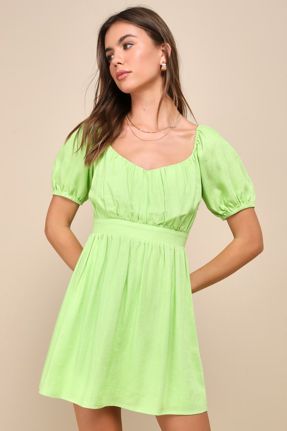 Lime Green Mini Skater Dress - Puff Sleeve Dress - Smocked Dress - Lulus