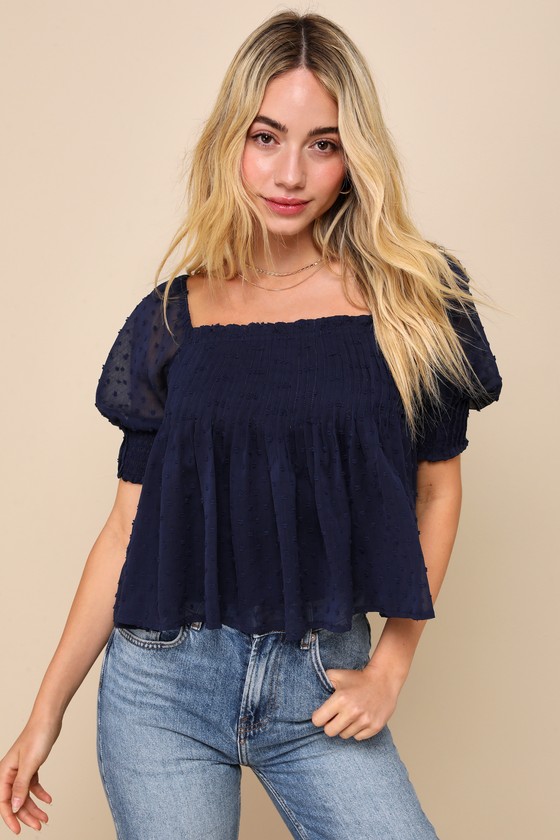 Navy Blue Swiss Dot Top - Pintuck Top - Pleated Puff Sleeve Top - Lulus