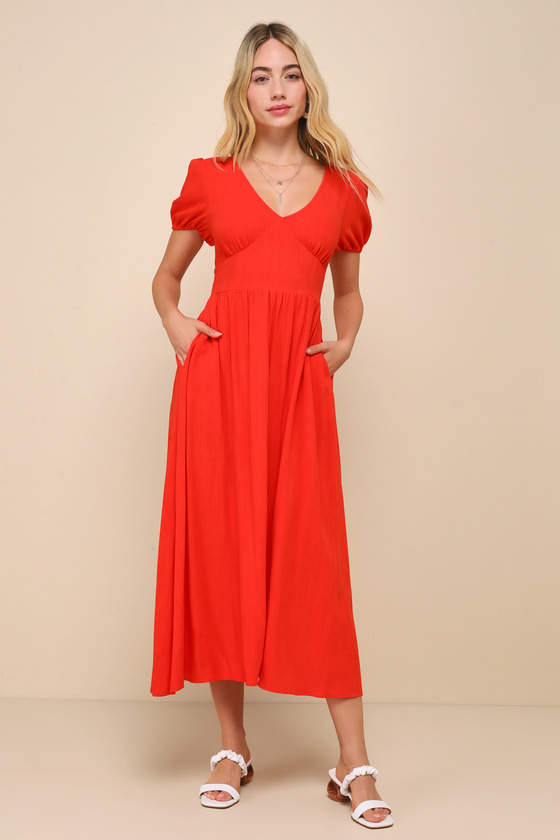 Red Orange Dress - Linen Dress - Dress With Pockets - Midi Dress - Lulus