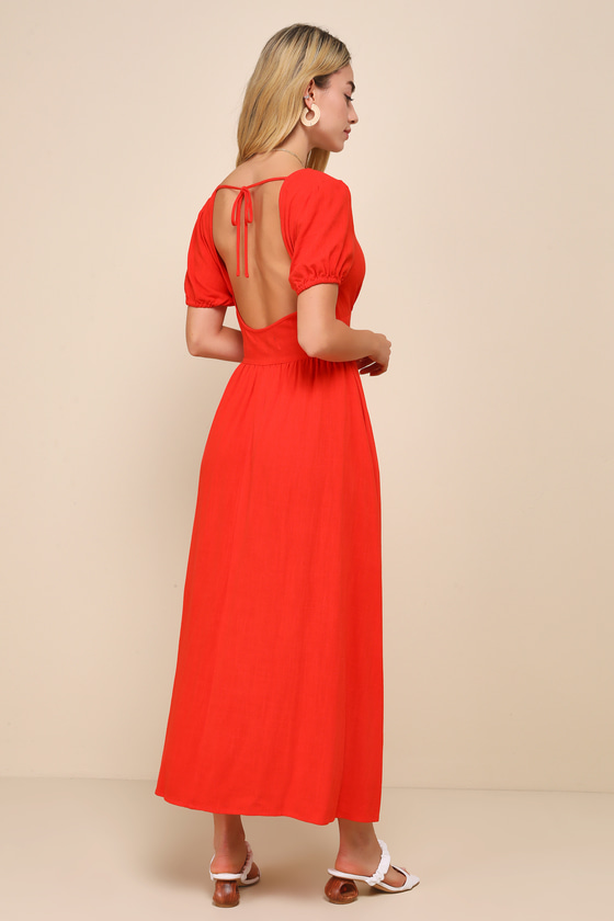 Red Orange Dress - Linen Dress - Dress With Pockets - Midi Dress - Lulus