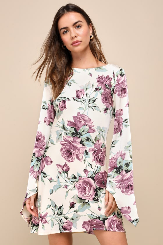 Cream Floral Dress - Backless Mini Dress - Long Sleeve Mini Dress - Lulus