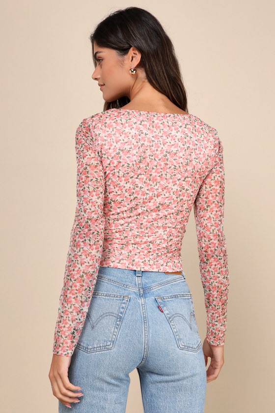 Pink Floral Top - Mesh Ruched Top - Floral Print Long Sleeve Top - Lulus