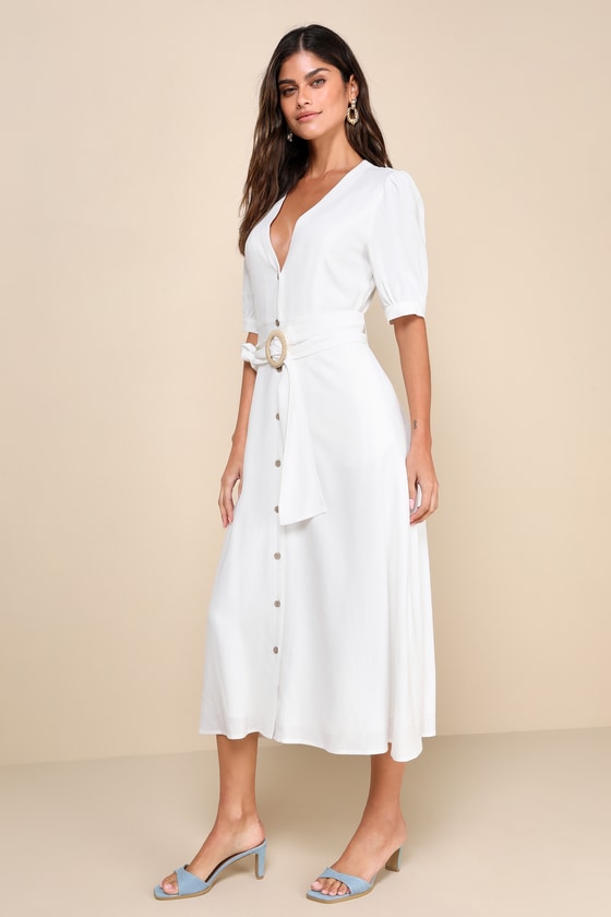 White Puff Sleeve Dress - Midi Dress With Pockets - Belted Dress - Lulus