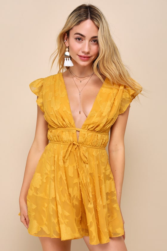 Yellow Romper Jacquard Floral Romper Short Sleeve Romper Lulus