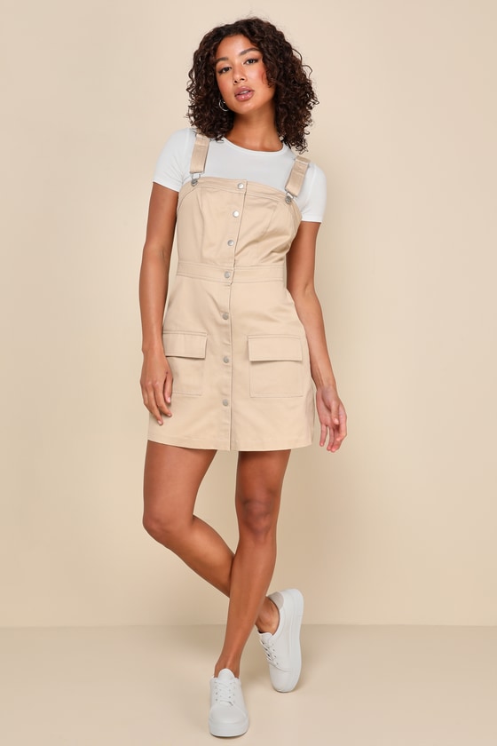 Beige Utility Mini Dress - Button-Up Mini Dress - Overall Dress - Lulus
