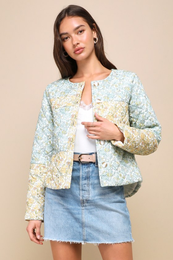 Blue and Yellow Floral Jacket - Quilted Jacket - Cute Quilt Coat - Lulus