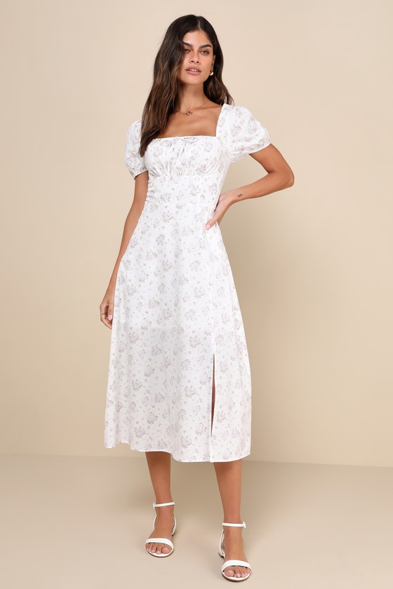 White Floral Dress - Puff Sleeve Dress - Empire Waist Midi Dress - Lulus