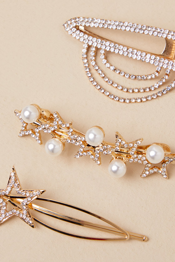 Gold Star Clip Set - Pearl Hair Clip Set - 3-Pc Hair Clip Set - Lulus