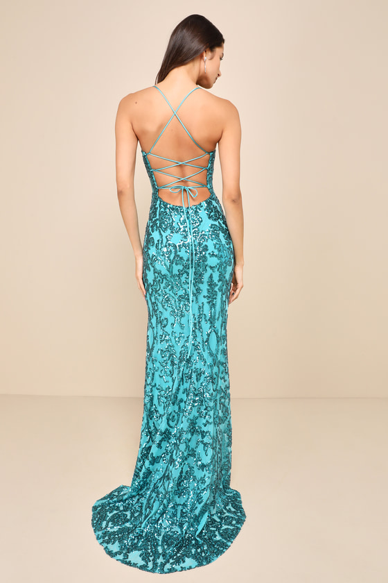 Turquoise Sequin Dress - Lace-Up Mermaid Dress - Sexy Maxi Dress - Lulus