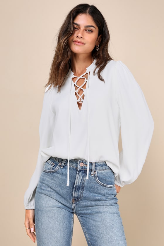 Ivory Long Sleeve Blouse - Lace-Up Neckline Top - Ivory Top - Lulus