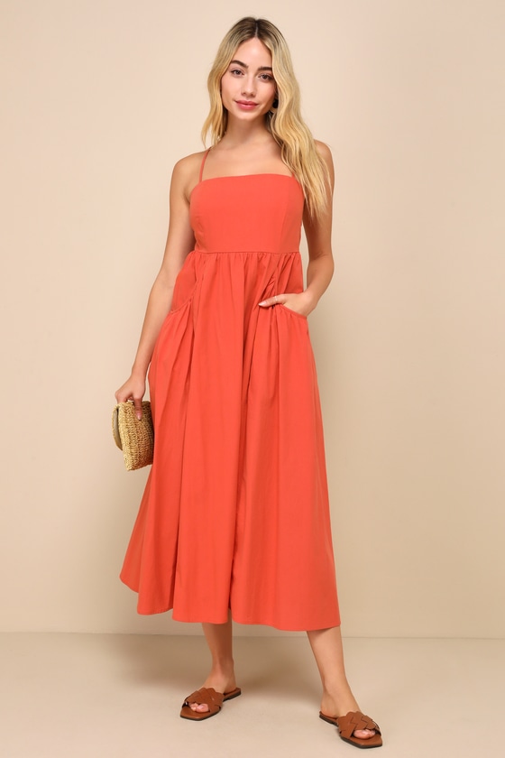 Red Orange Dress - Backless Midi Dress - Cute Dress with Pockets - Lulus