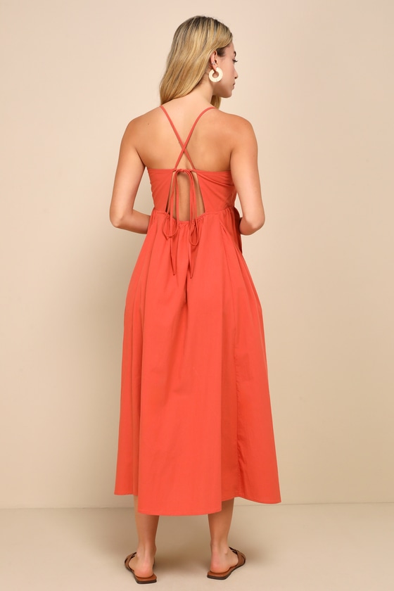 Red Orange Dress - Backless Midi Dress - Cute Dress with Pockets - Lulus