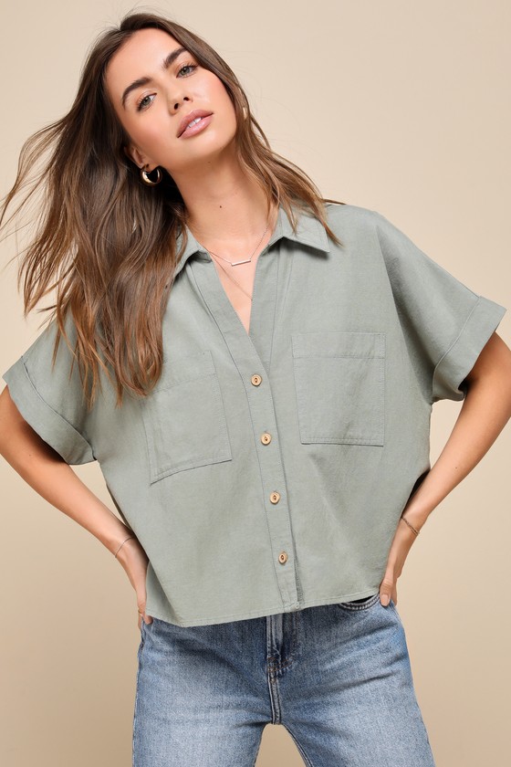 Sage Green Button-Up Top - Collared Top - Linen-Blend Top - Lulus