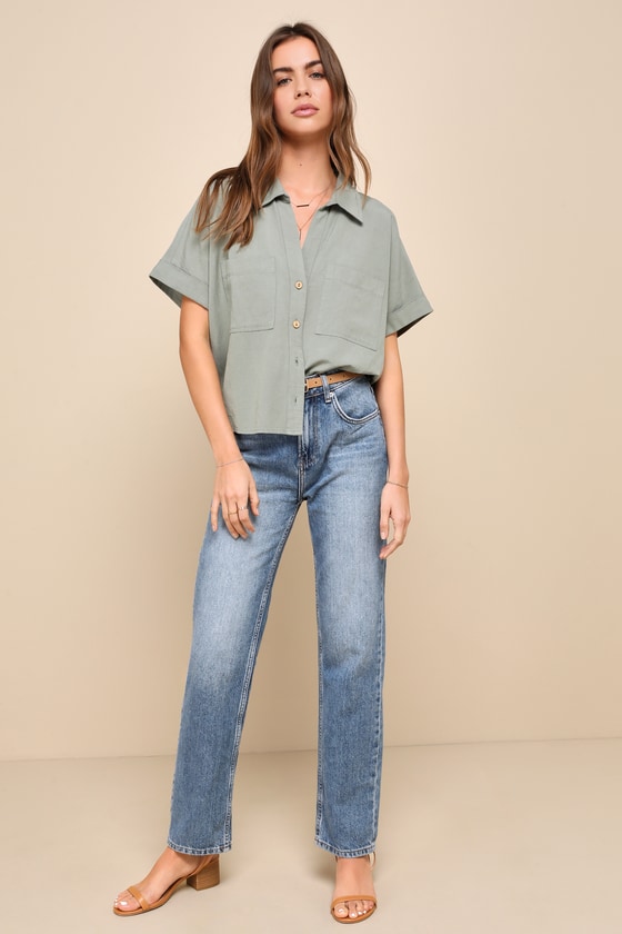 Sage Green Button-Up Top - Collared Top - Linen-Blend Top - Lulus