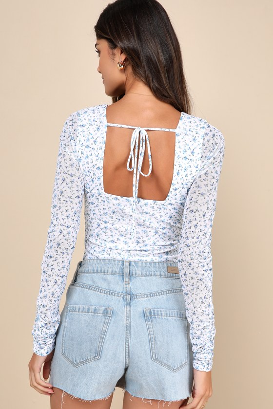 White Floral Print Bodysuit - Mesh Ruched Bodysuit - Ruched Top - Lulus