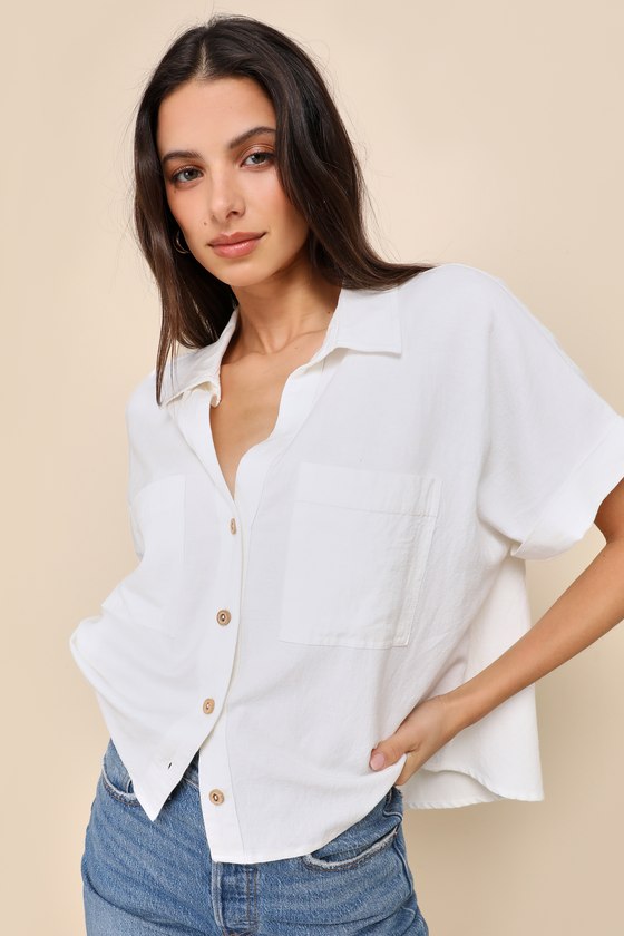 White Button-Up Top - Collared Short Sleeve Top - Linen-Blend Top - Lulus
