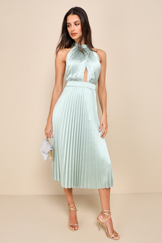 Sage Green Dress - Pleated Satin Midi Dress - Halter Midi Dress - Lulus