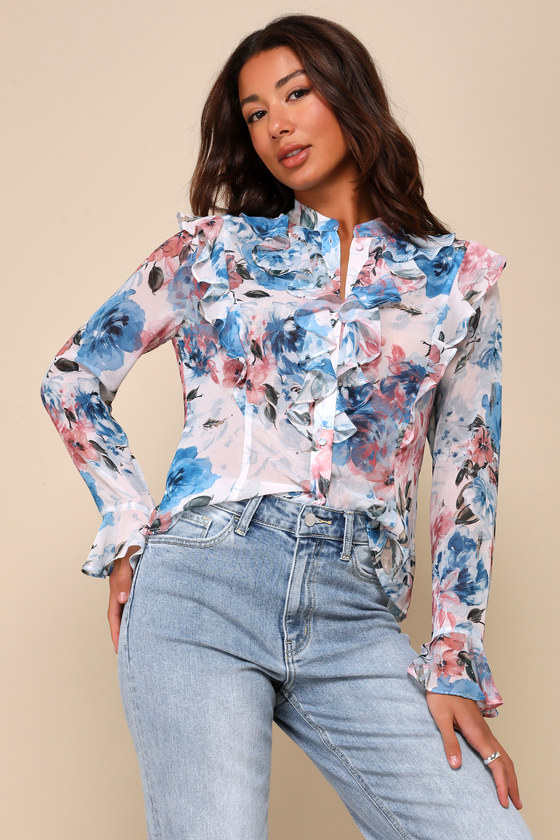 Blue Floral Print Top - Ruffled Button-Up Top - Long Sleeve Top - Lulus