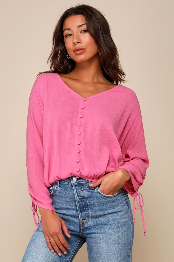 Cute Pink Blouse - Button-Front Top - Long Sleeve Crop Top - Lulus