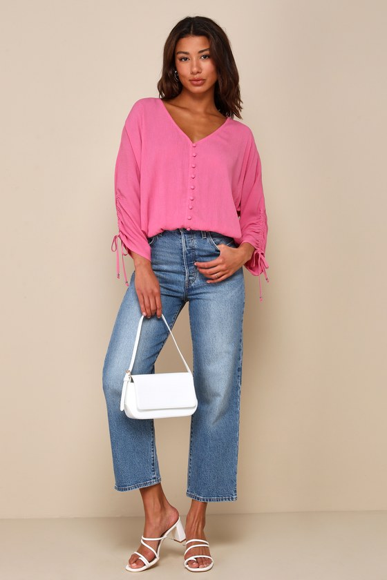 Cute Pink Blouse - Button-Front Top - Long Sleeve Crop Top - Lulus