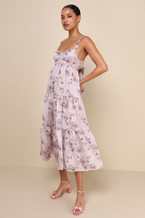 Mauve Floral Dress Tiered Backless Dress Tie Back Midi Dress Lulus