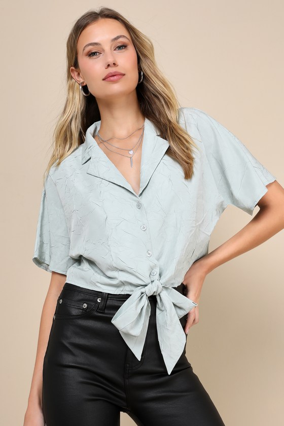 Sage Crinkled Top - Tie-Front Cropped Top - Cute Button-Up Top - Lulus