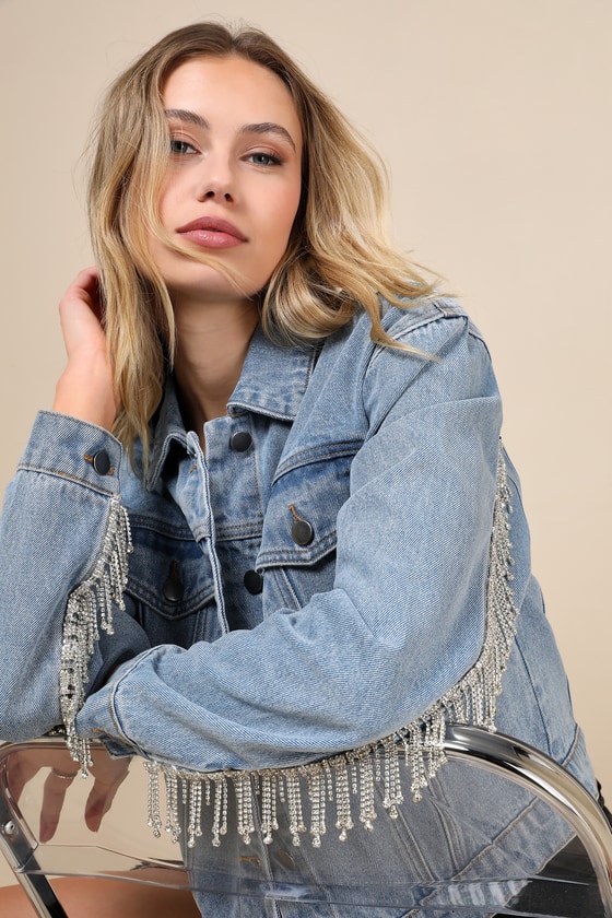 Light Wash Denim Jacket - Rhinestone Denim Jacket - Denim Jacket - Lulus