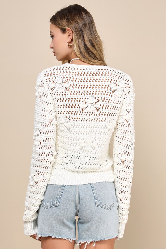 Ivory Long Sleeve Sweater - Crochet Tie-Front Sweater - Cardigan - Lulus