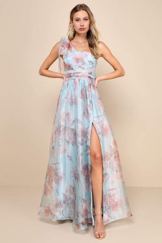 Blue Floral Dress - Chic Organza Dress - One-Shoulder Maxi Dress - Lulus