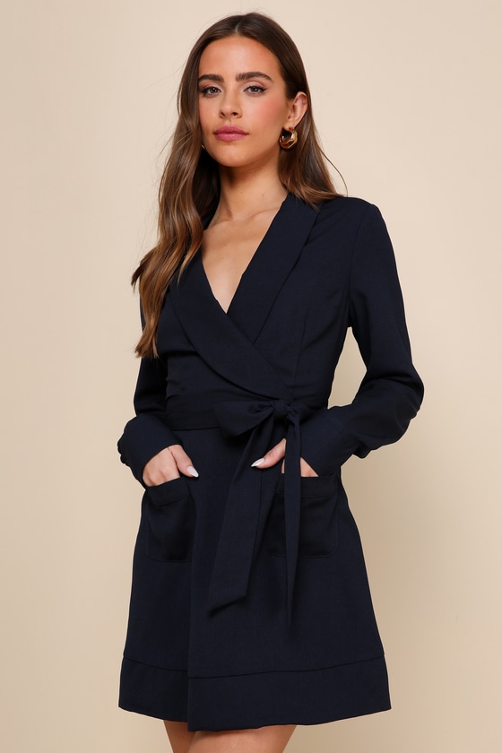 Navy Blue Mini Dress - Collared Mini Dress - Long Sleeve Dress - Lulus