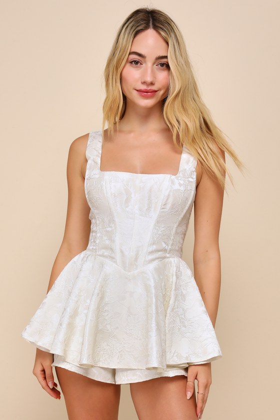 Ivory Floral Jacquard Romper Bustier Romper Skort Romper Lulus